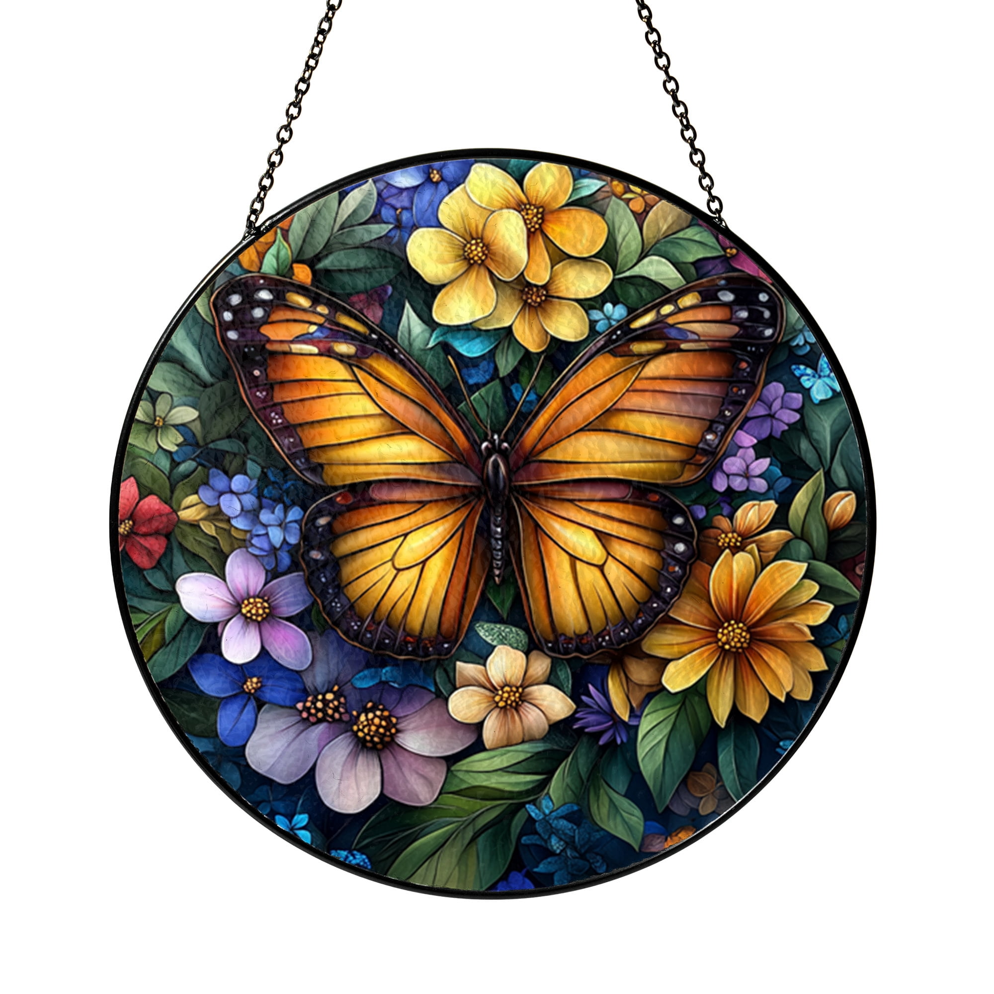 Butterfly Floral Garden Stained Glass Suncatcher, Window Hanging Decor ...