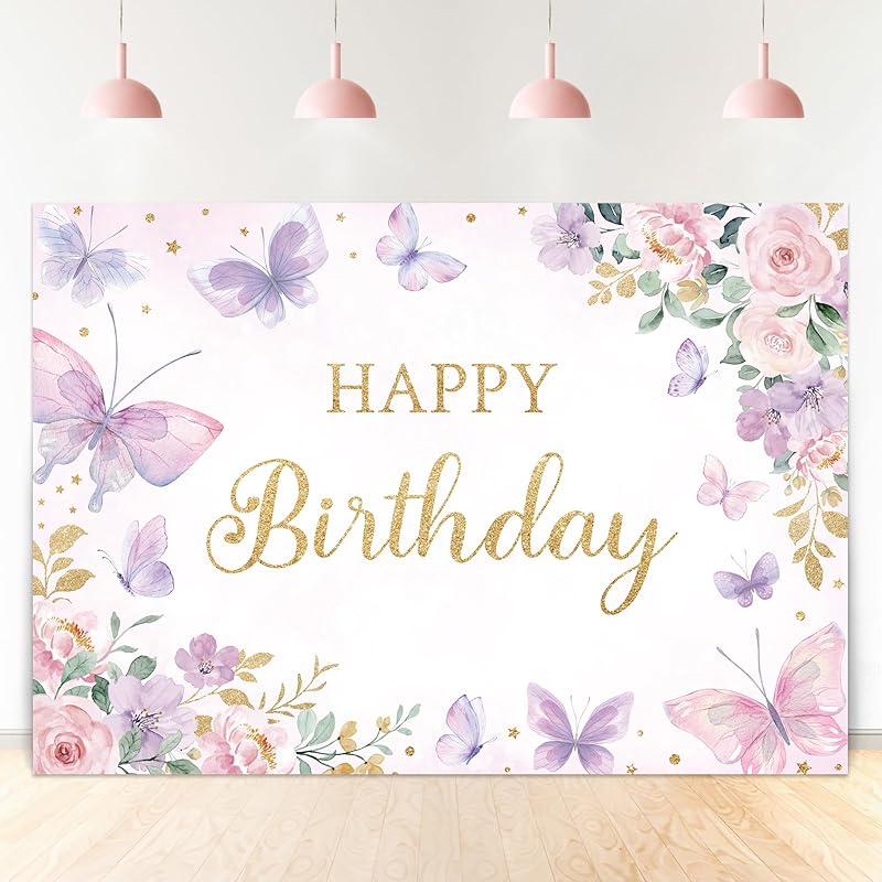Butterfly Floral Happy Birthday Backdrop for Girl Women Pink Purple Flower Watercolor Rose ...