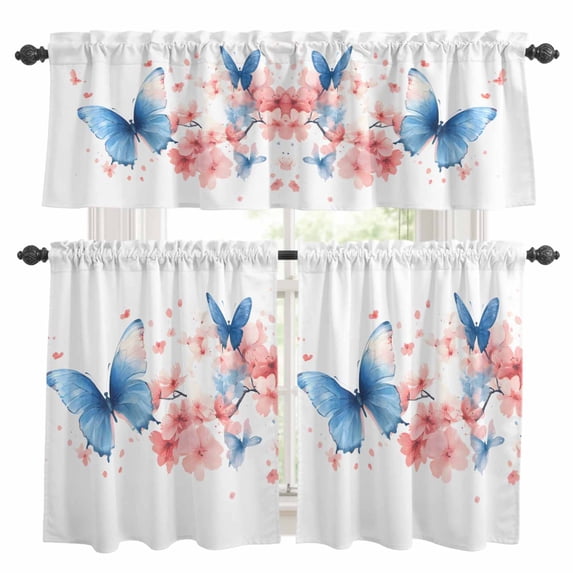 Butterfly Floral Kitchen Curtains Set for Windows, Watercolor Blue Pink ...