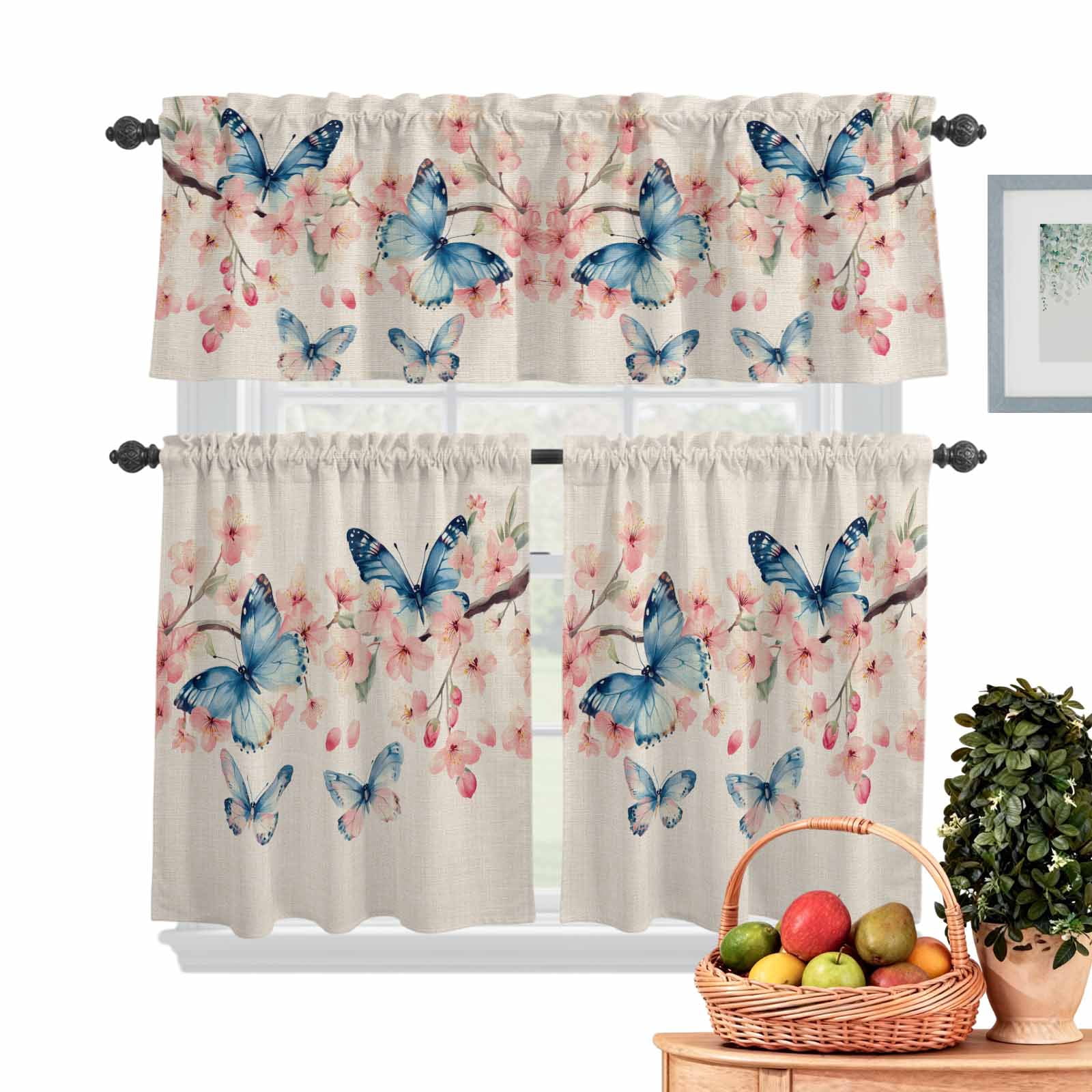 Butterfly Floral Kitchen Curtains Valances 3 Piece Set, Watercolor Pink ...