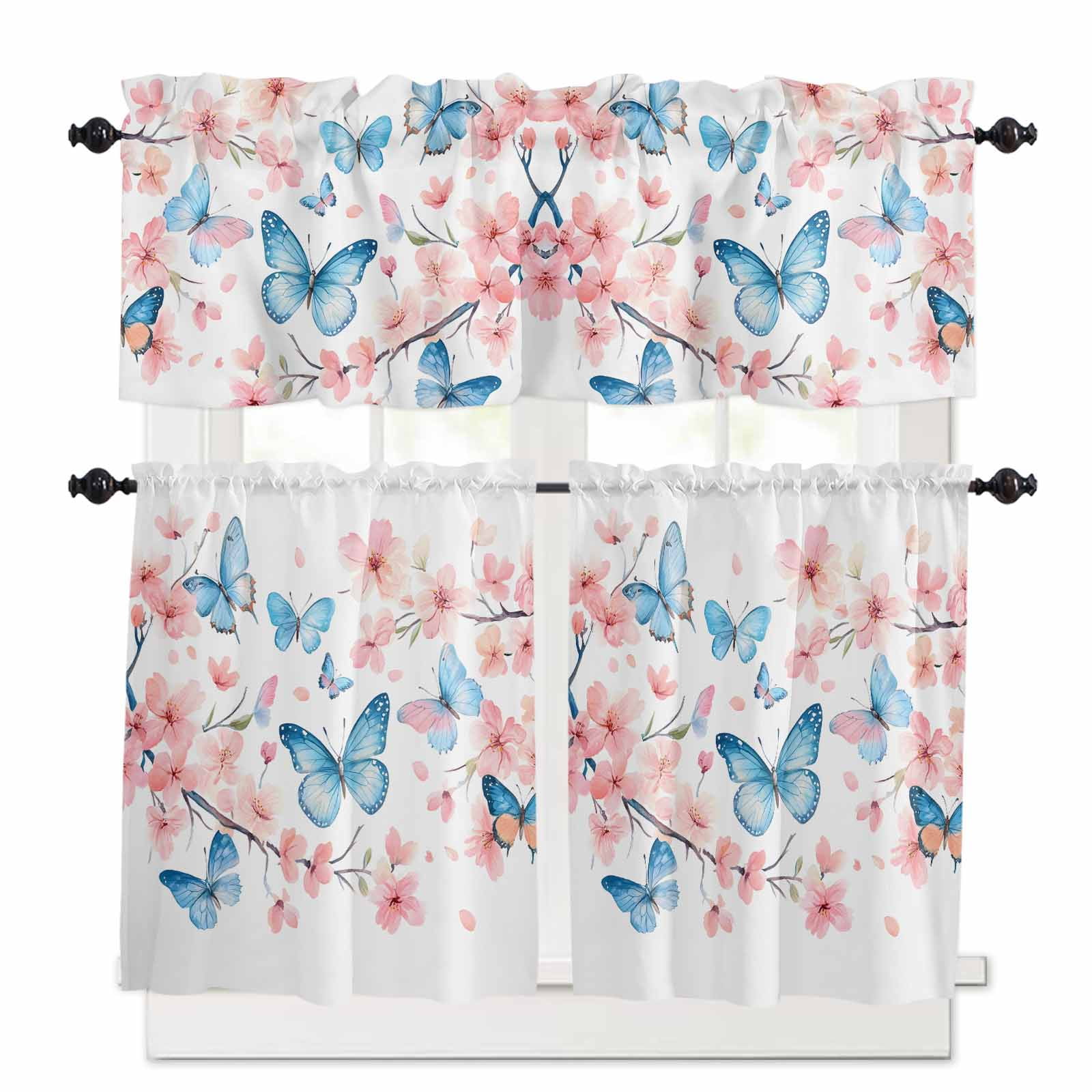 Butterfly Floral Kitchen Curtains Valances and Tiers Set of 3 ...