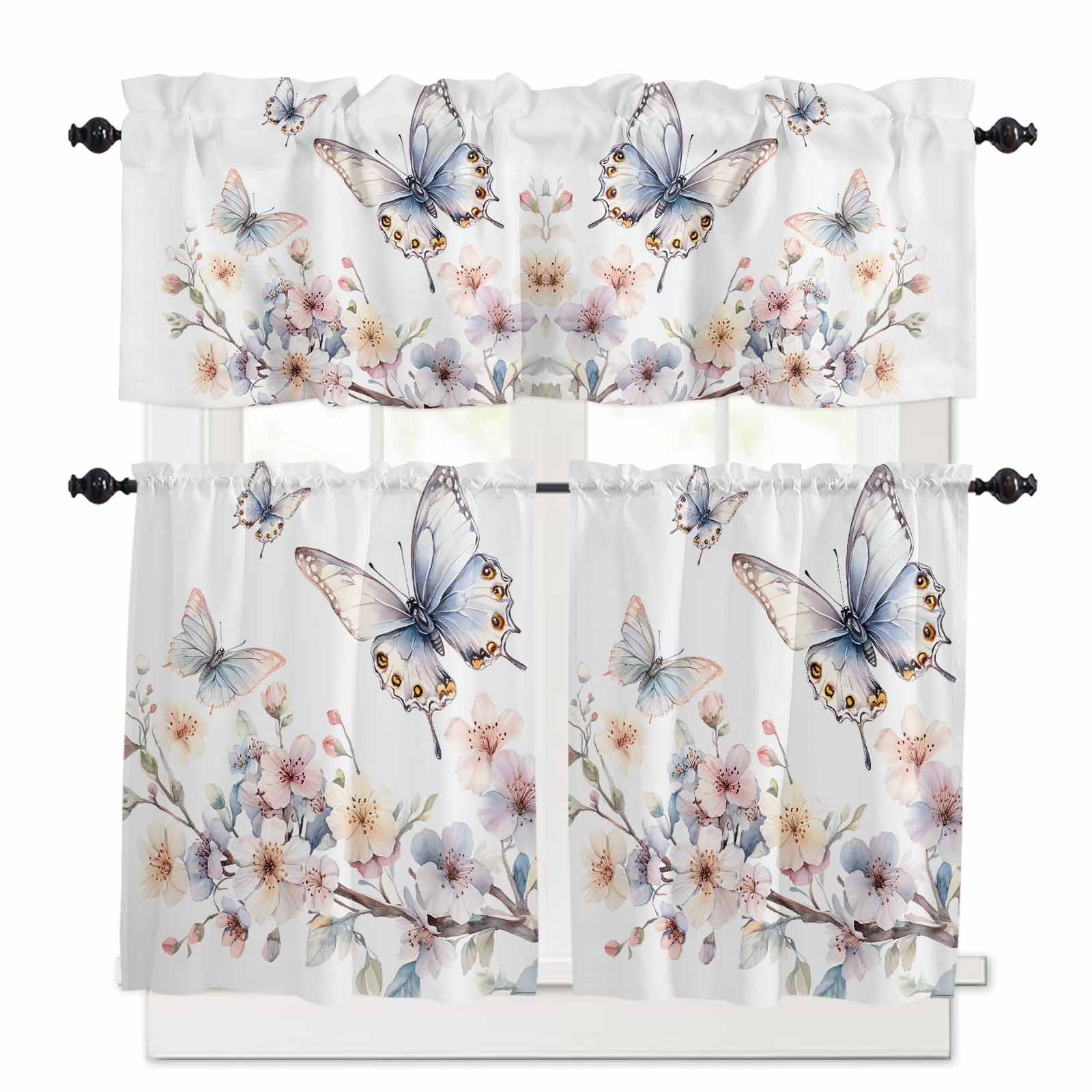 Butterfly Floral Kitchen Curtains Valances and Tiers Set of 3 ...