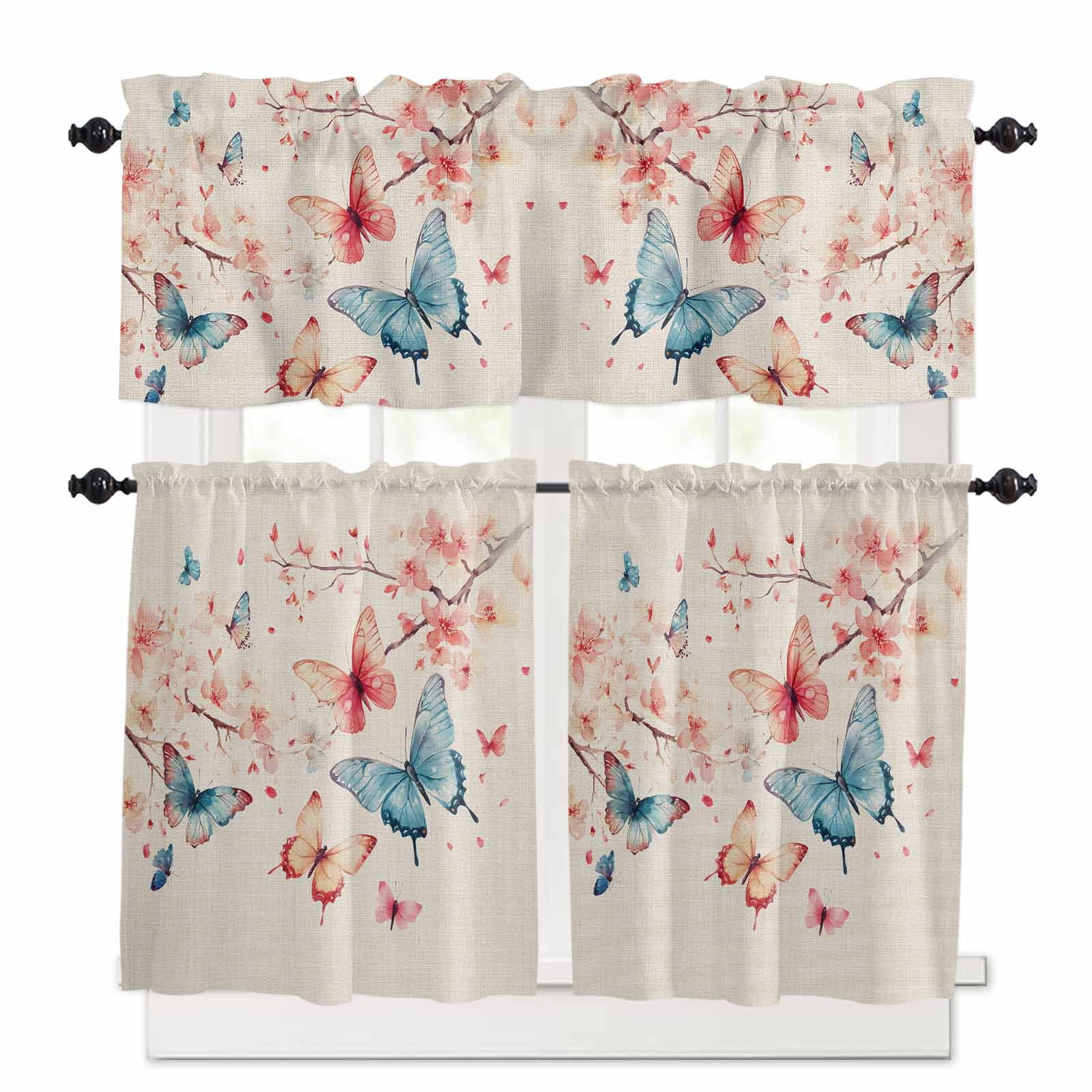 Butterfly Floral Kitchen Curtains Valances and Tiers Set of 3 ...