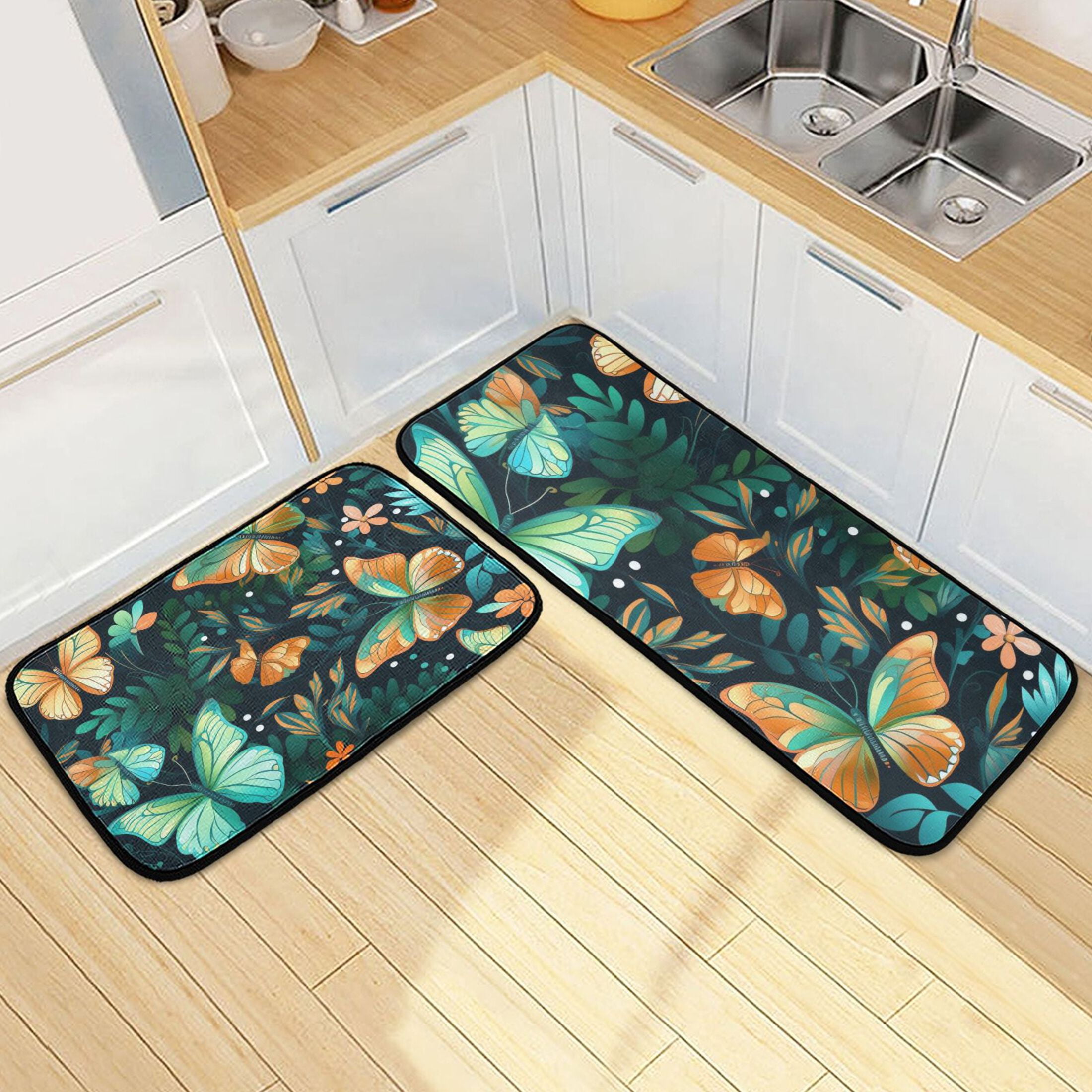 Butterfly Floral Leave Kitchen Rugs Set of 2 Non Slip Floor Foam Mat ...