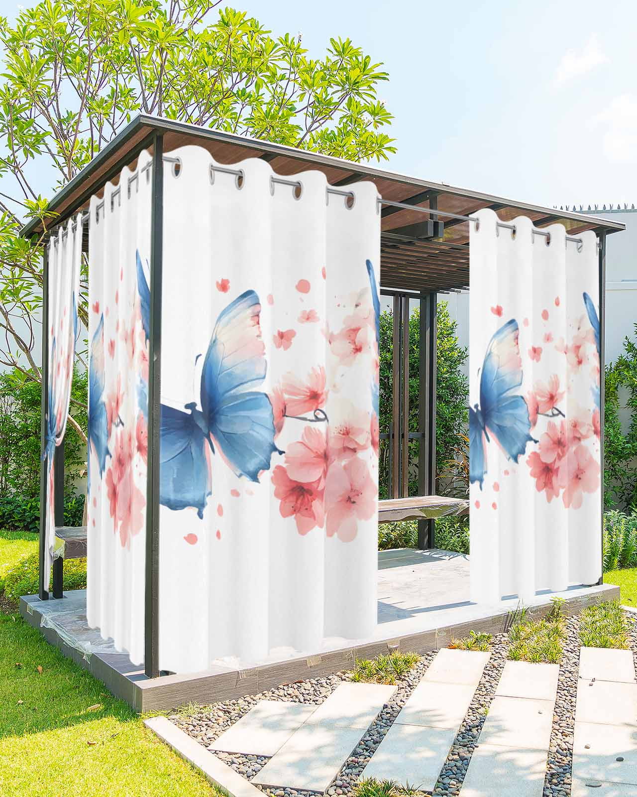 Butterfly Floral Outdoor Curtains for Patio, Watercolor Blue Pink ...
