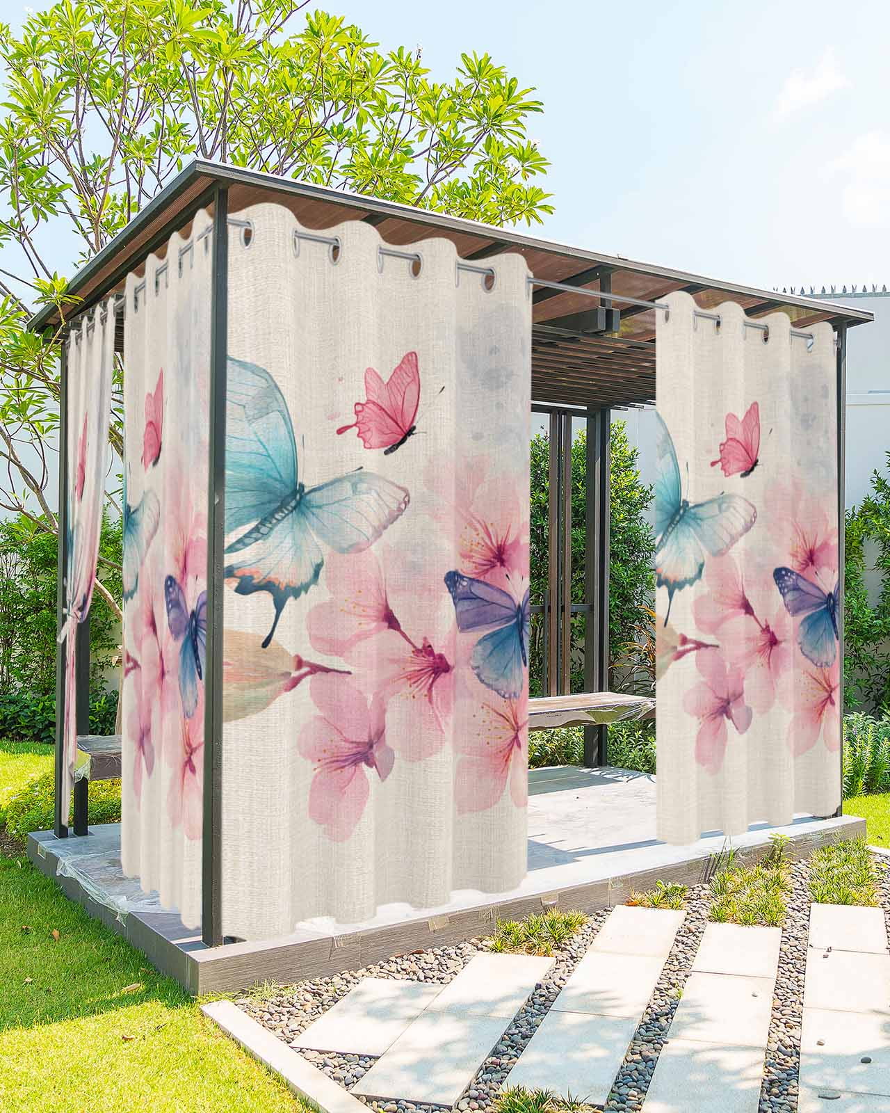 Butterfly Floral Outdoor Curtains for Patio, Watercolor Blue Pink ...