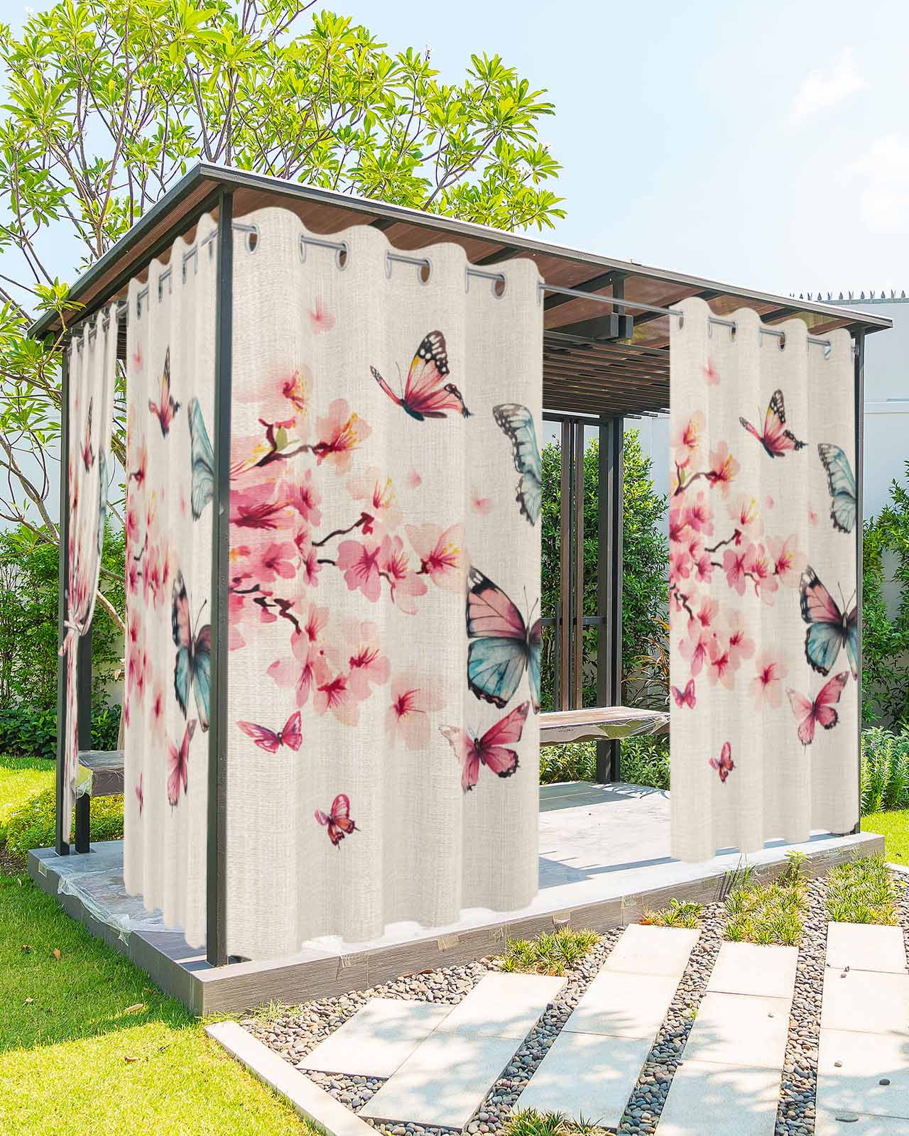Butterfly Floral Outdoor Curtains for Patio, Watercolor Pink Blue Flower Butterflies Leaf Linen ...