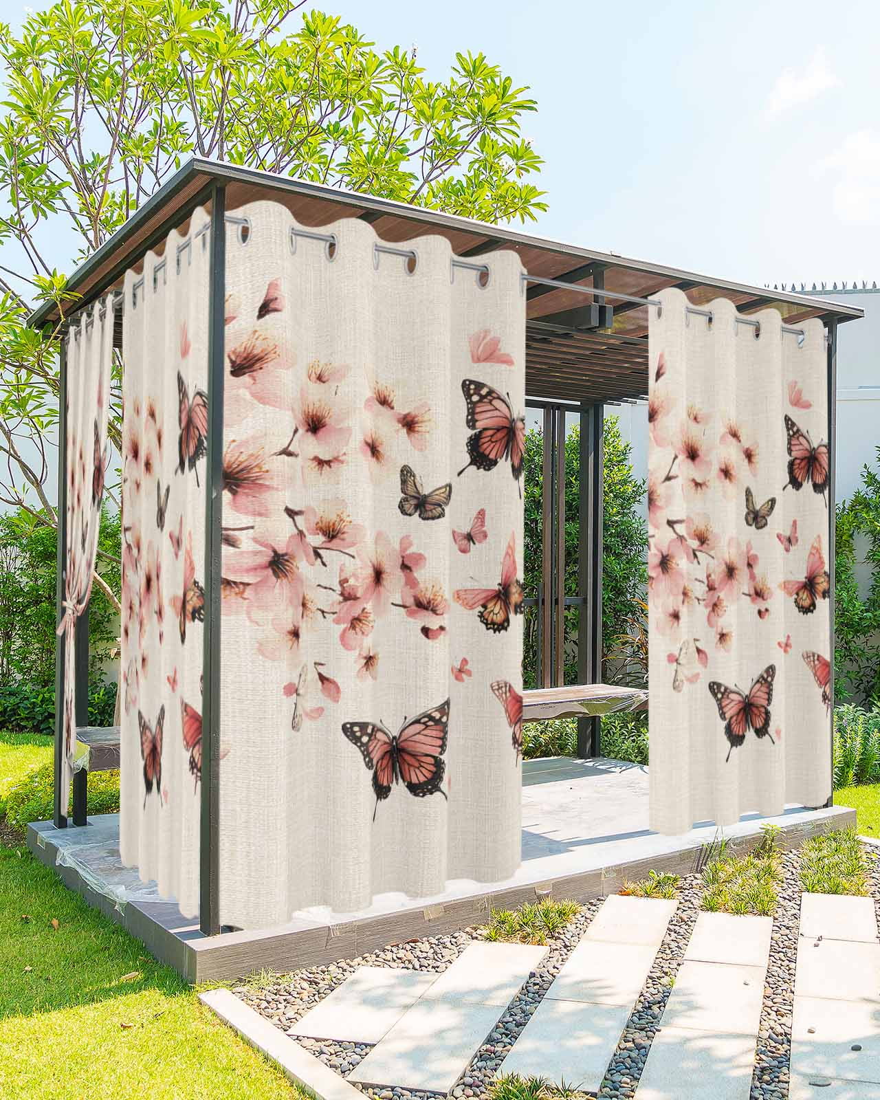 Butterfly Floral Outdoor Curtains for Patio, Watercolor Pink Flower ...