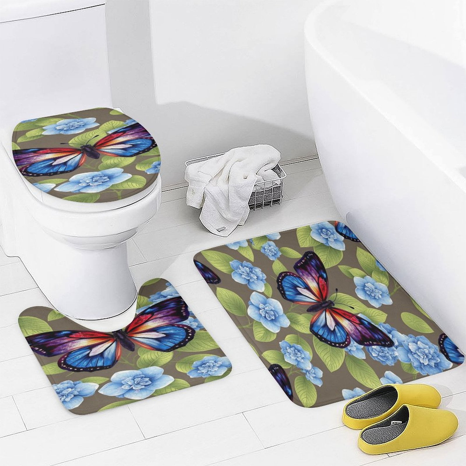 Butterfly Floral Pattern Bathroom Rugs Set 3 Piece with Non-Slip Bath ...