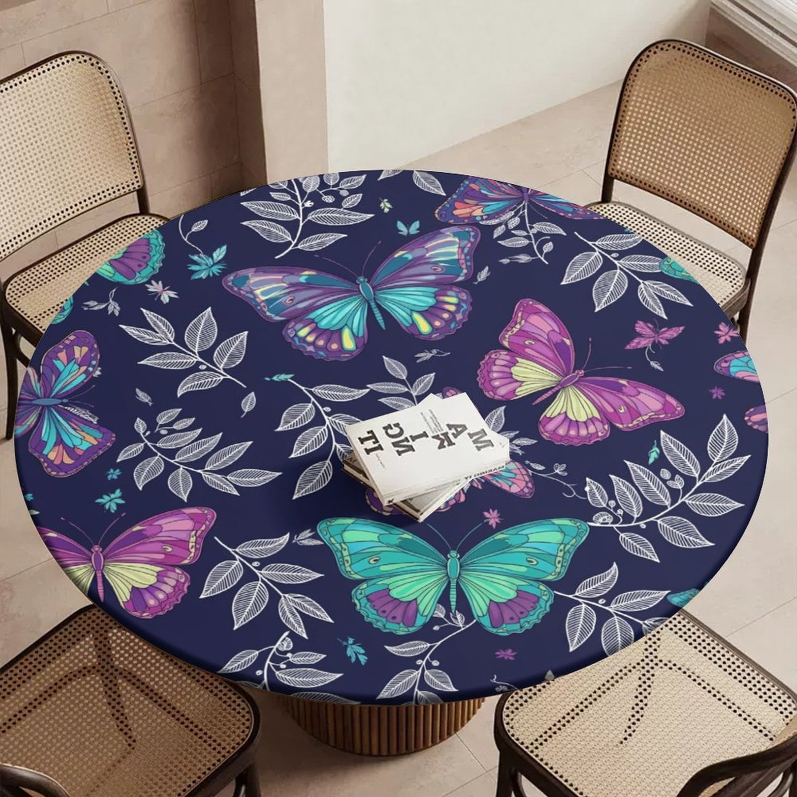Butterfly Floral Pattern Round Table Cover Kitchen Printed Waterproof Tablecloth Elastic Edged ...