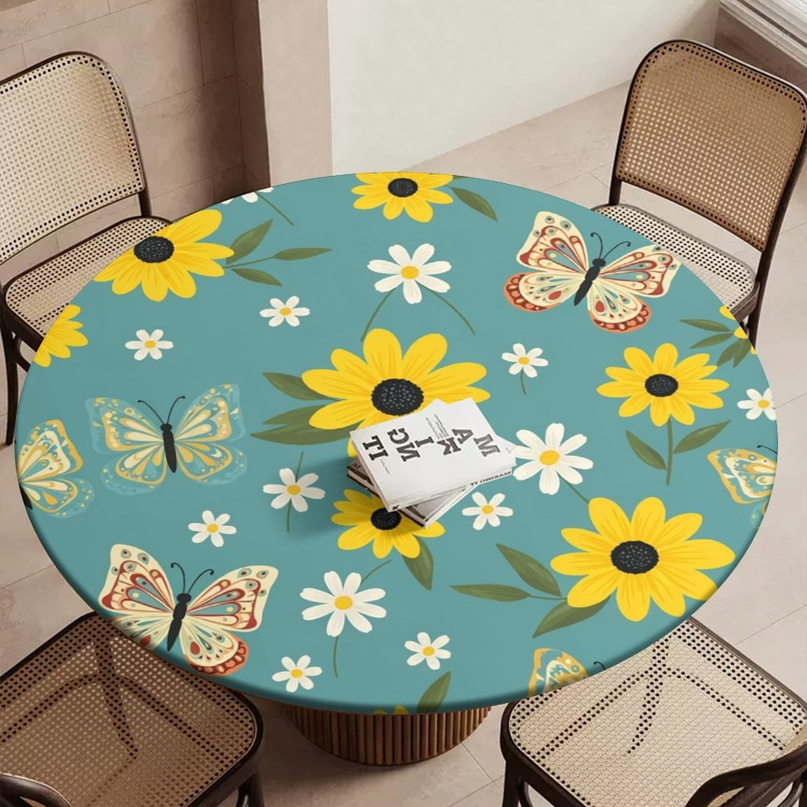 Butterfly Floral Pattern Round Table Cover Kitchen Printed Waterproof ...