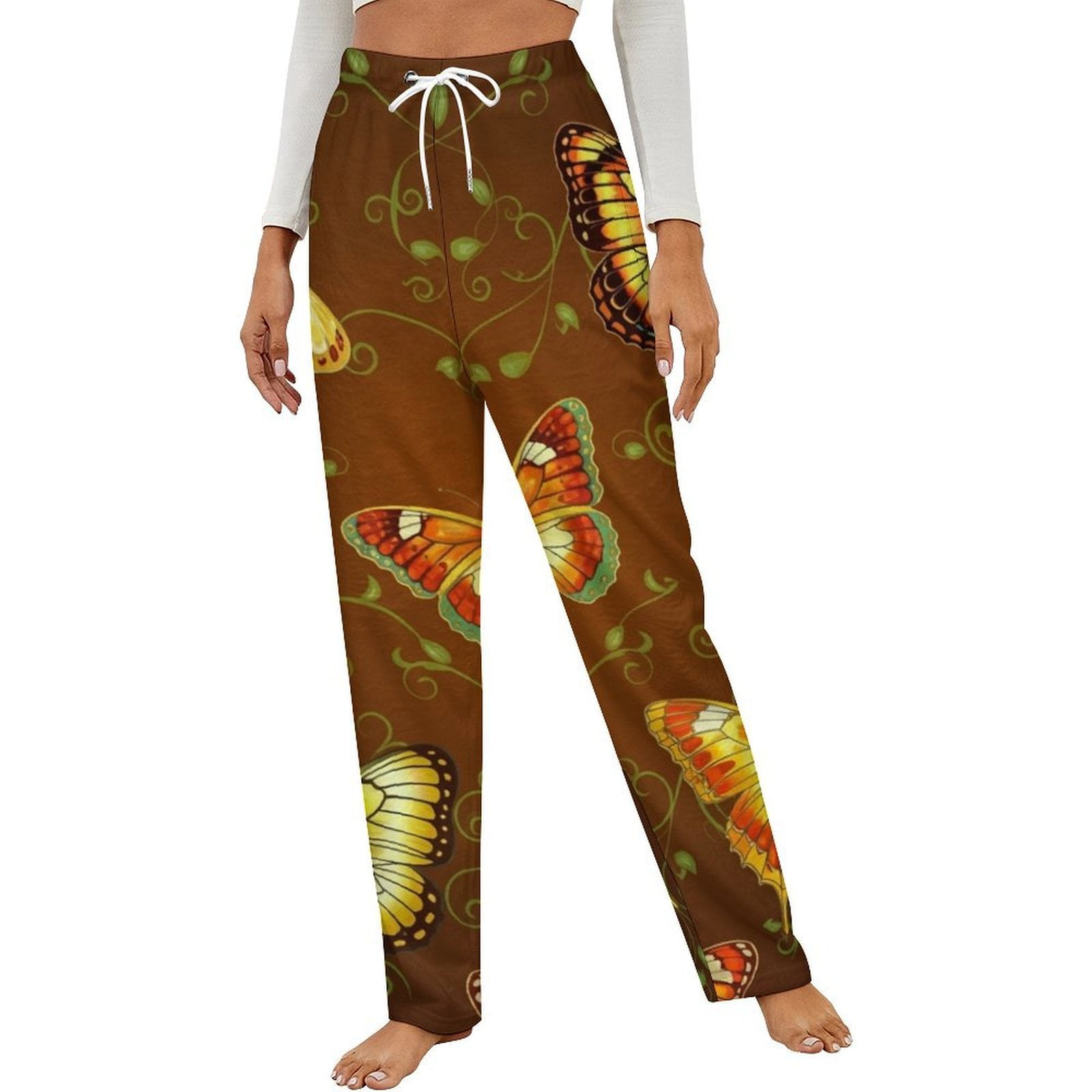 Butterfly Floral Pattern Winter Female Pants Flannel High Waist Women ...