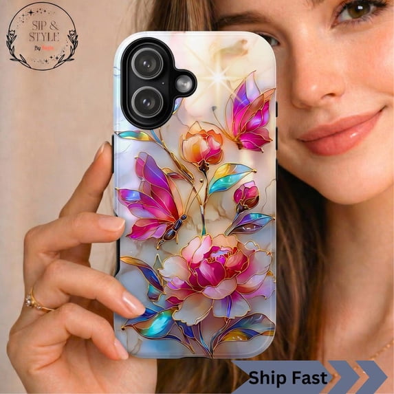 Butterfly Floral Phone Case, Iridescent Peony Art Cover, Stained Glass ...