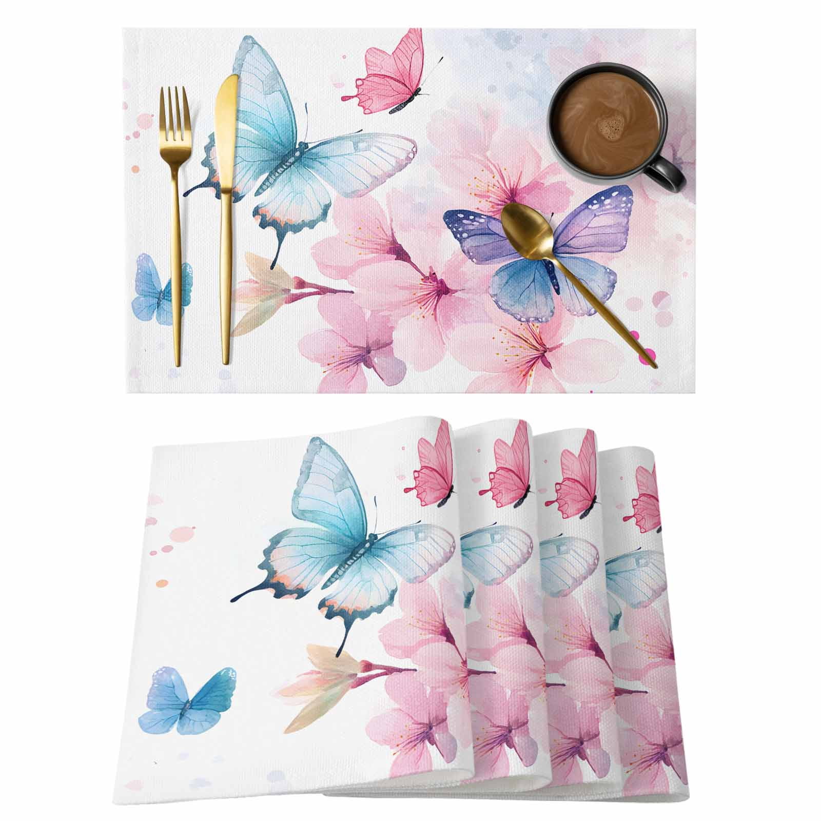 Butterfly Floral Placemats Set of 2, Watercolor Blue Pink Flower ...