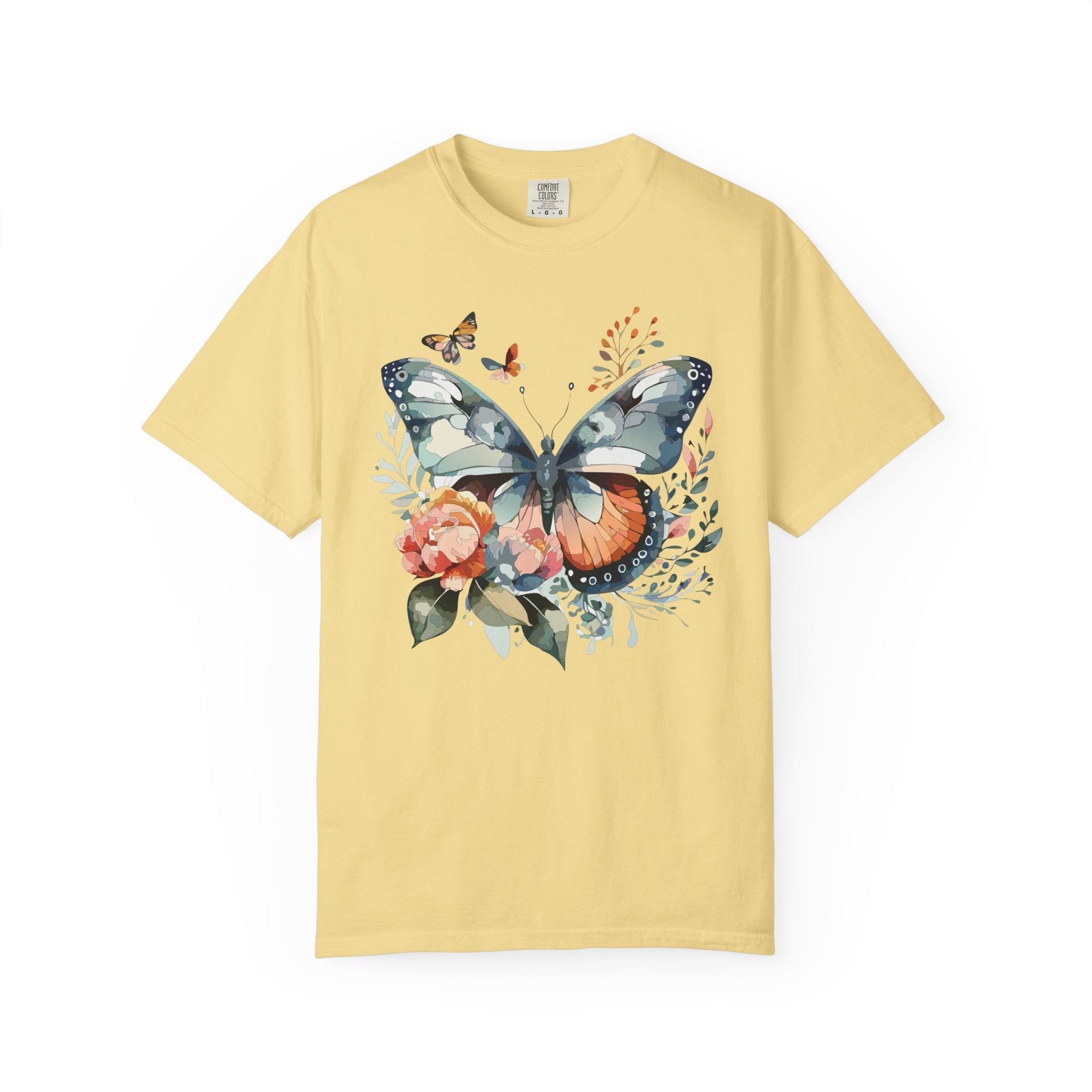 Butterfly Floral Print T-Shirt Botanical Design Unisex Heavy Cotton Tee ...