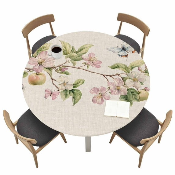 Butterfly Floral Round Fitted Tablecloth with Elastic Edge Watercolor ...