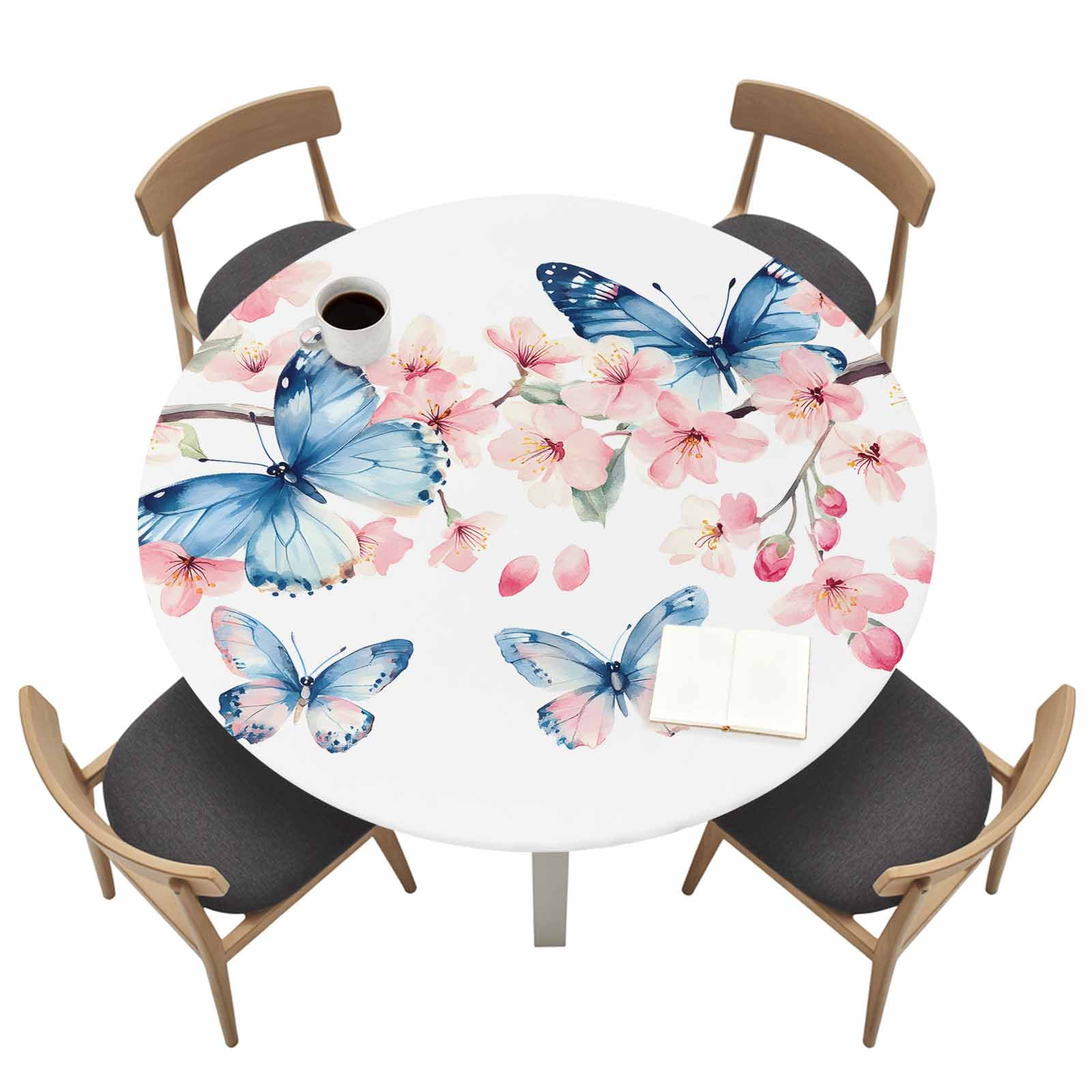 Butterfly Floral Round Fitted Tablecloth with Elastic Edge Watercolor ...