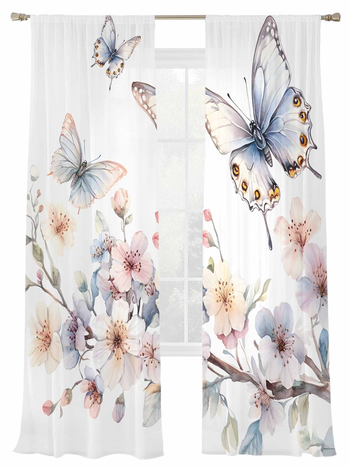 Butterfly Floral Sheer Curtains 2 Panels Set Watercolor Colorful ...