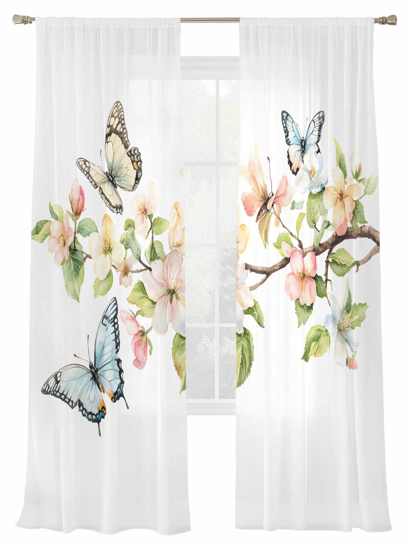 Butterfly Floral Sheer Curtains 2 Panels Set Watercolor Pink Blue ...