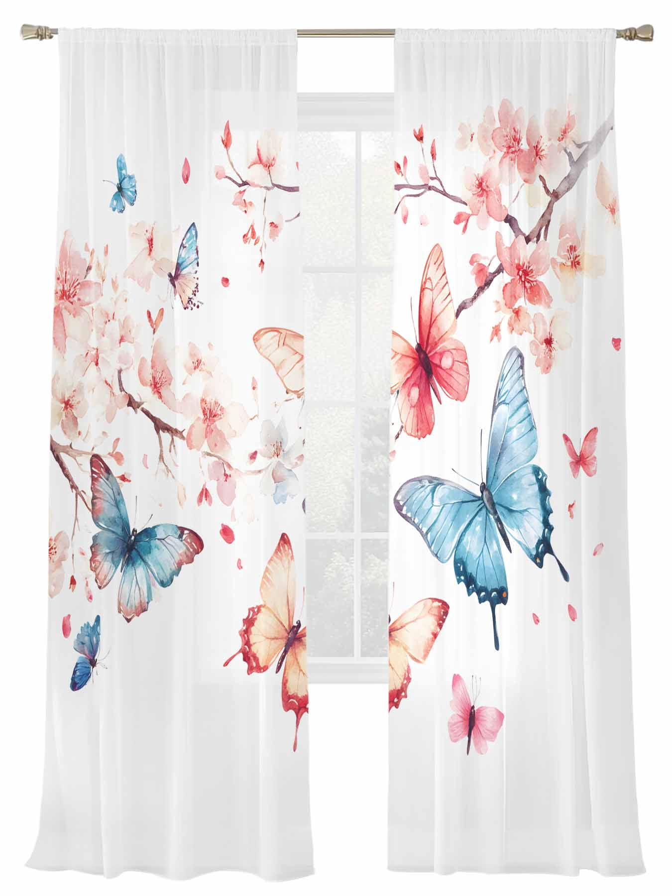 Butterfly Floral Sheer Curtains 2 Panels Set Watercolor Pink Red Blue ...