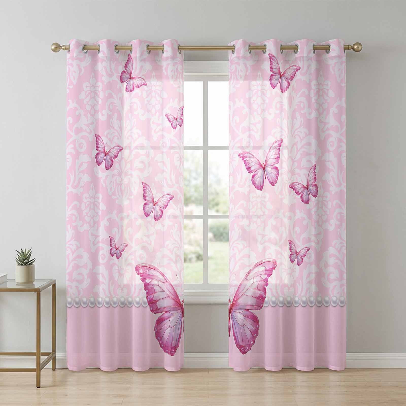 Butterfly Floral Sheer Curtains 72 Inch Long 2 Panels, Pink Floral ...