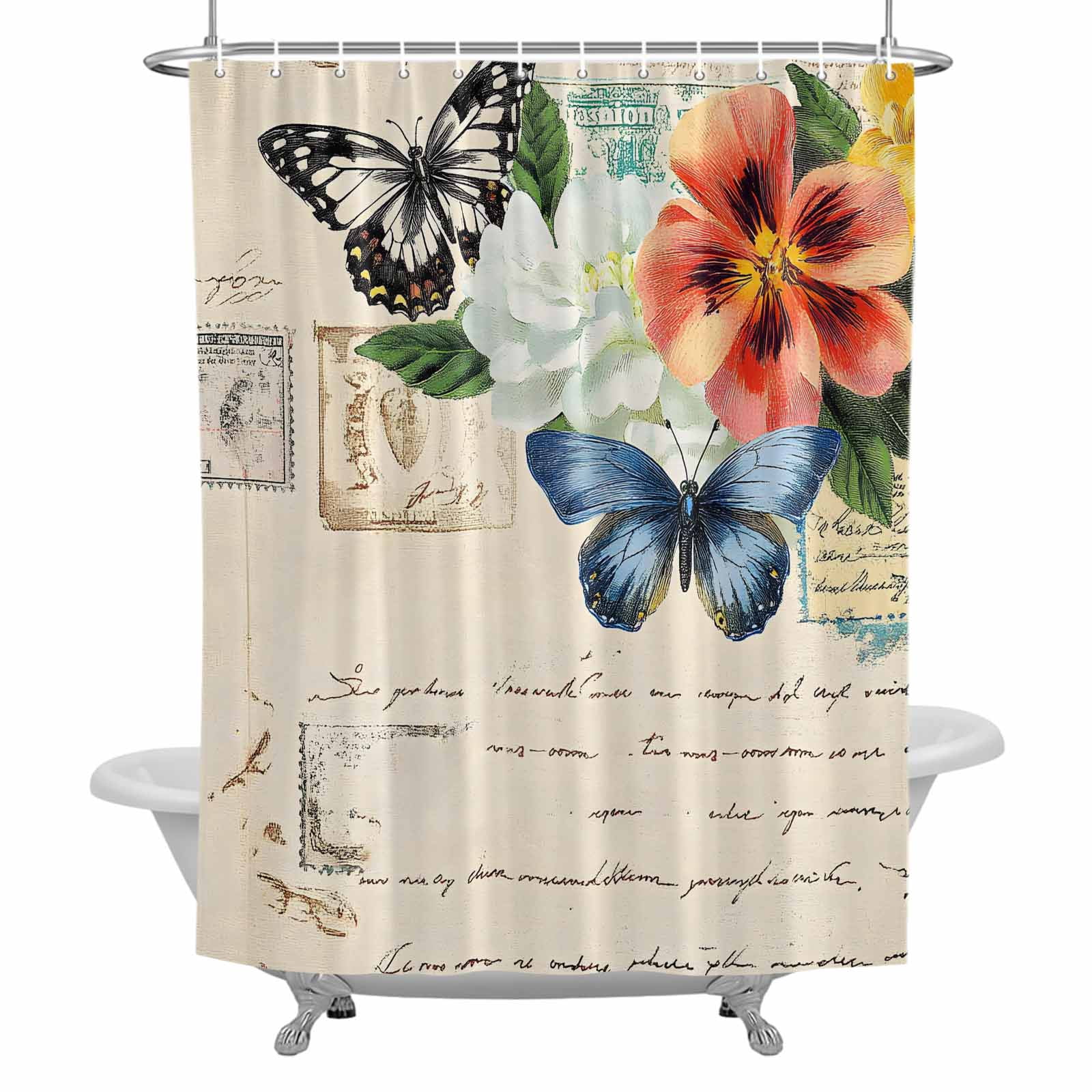 Butterfly Floral Shower Curtain for Bathroom, Vintage Watercolor White ...