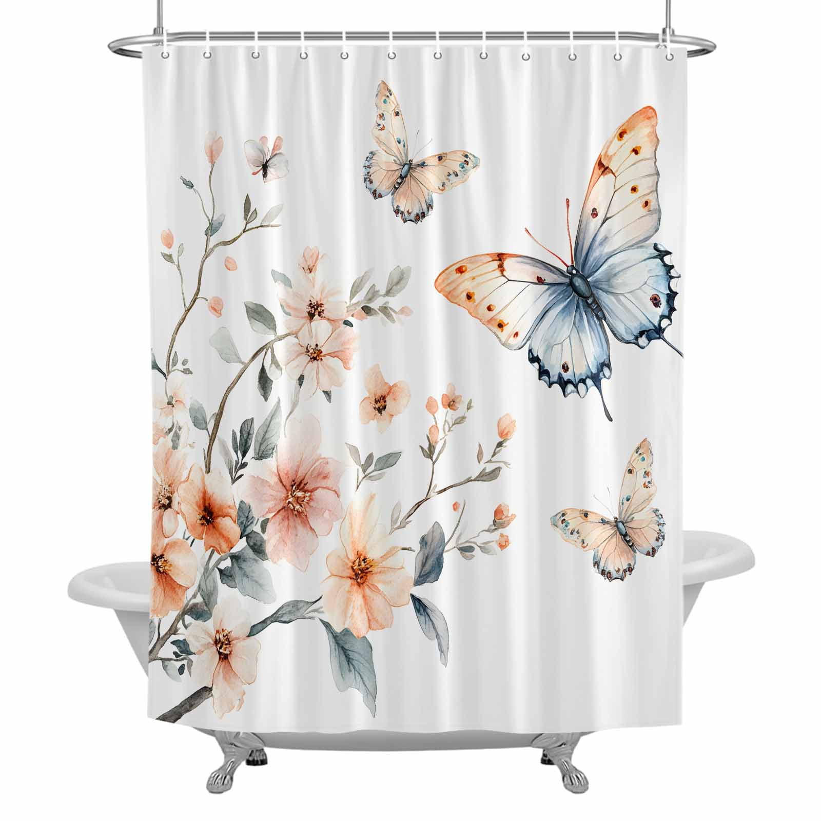 Butterfly Floral Shower Curtain for Bathroom, Watercolor Blue Brown ...