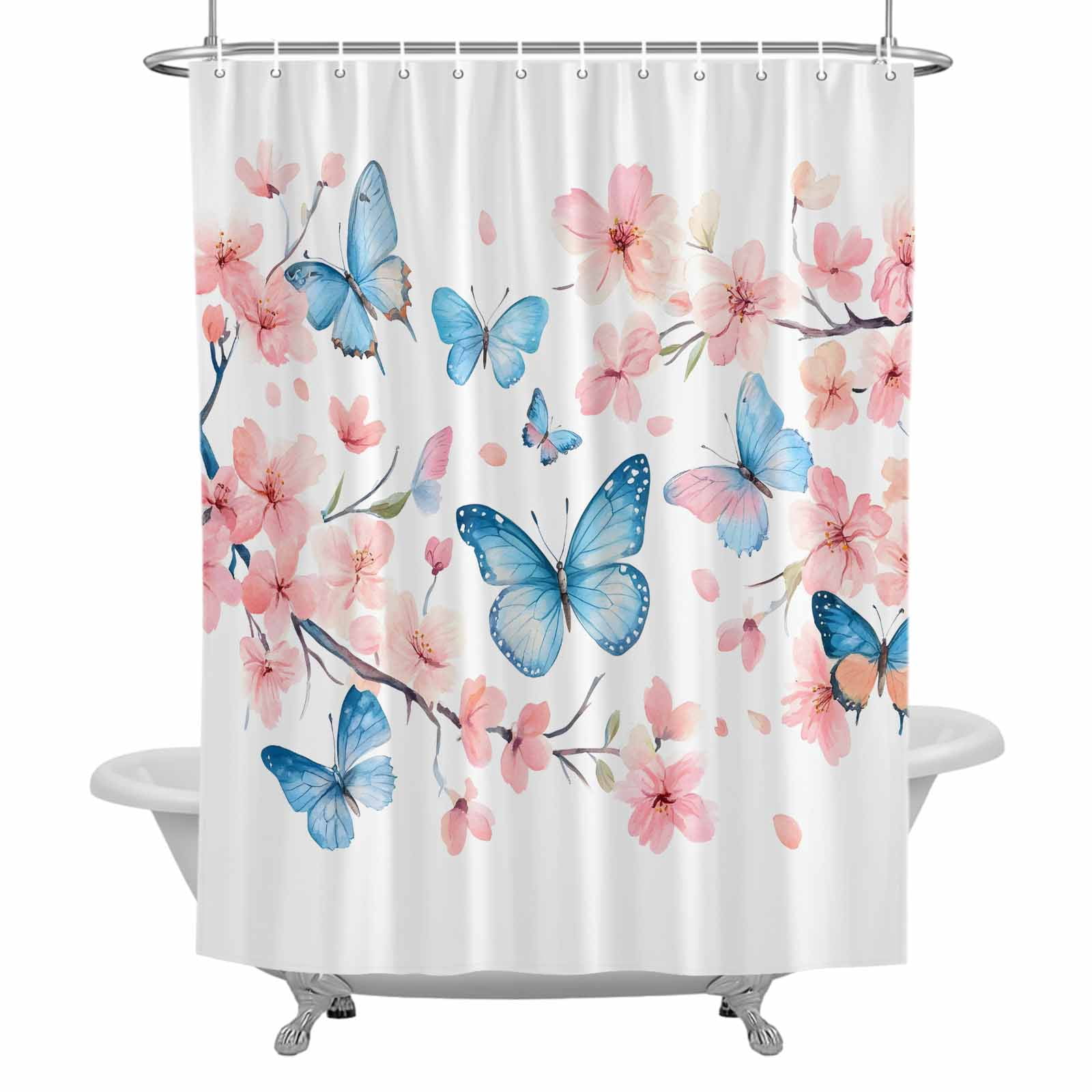 Butterfly Floral Shower Curtain for Bathroom, Watercolor Blue Pink ...
