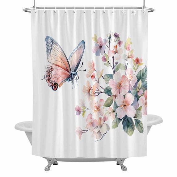Butterfly Floral Shower Curtain for Bathroom, Watercolor Pink Brown ...
