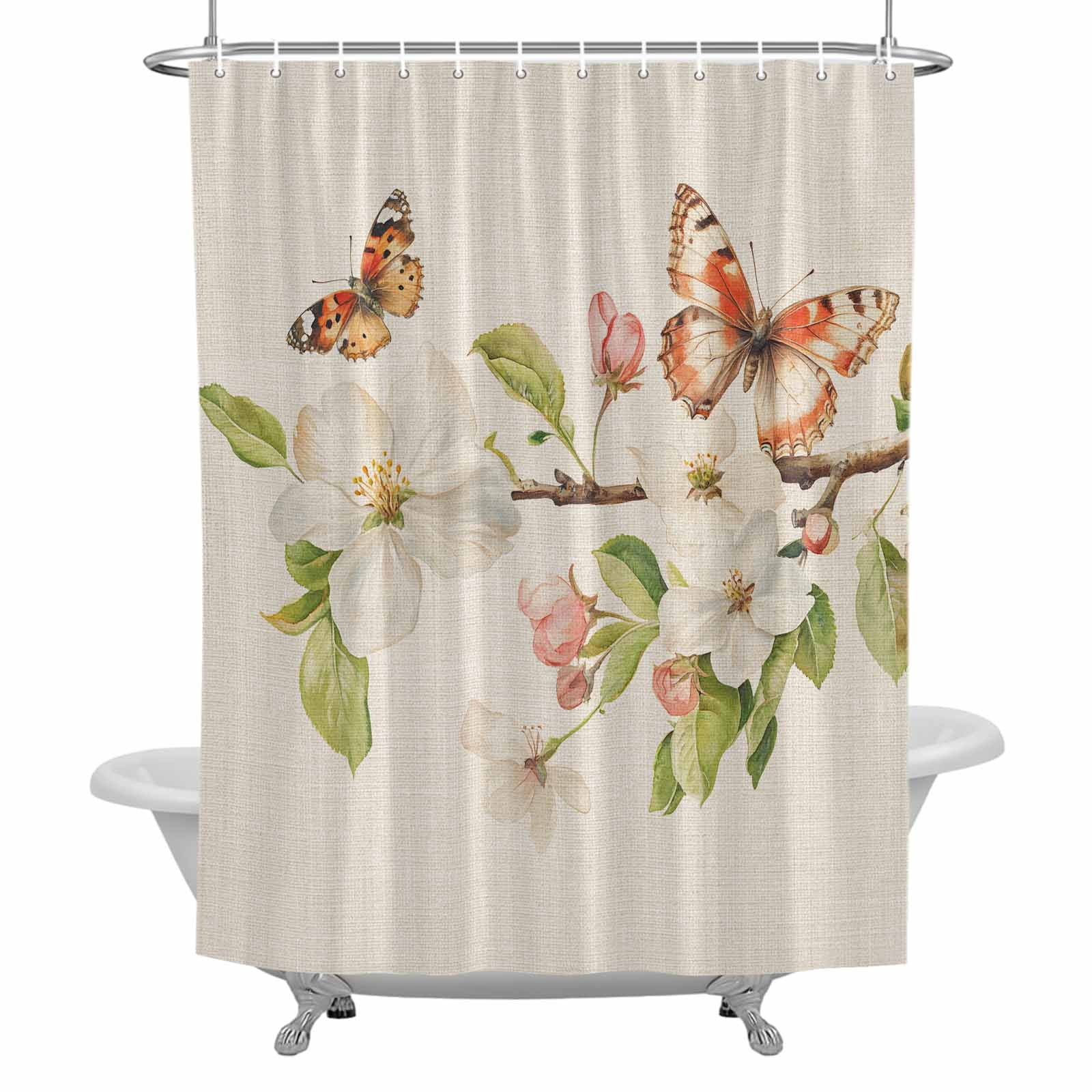 Butterfly Floral Shower Curtain for Bathroom, Watercolor White Pink ...