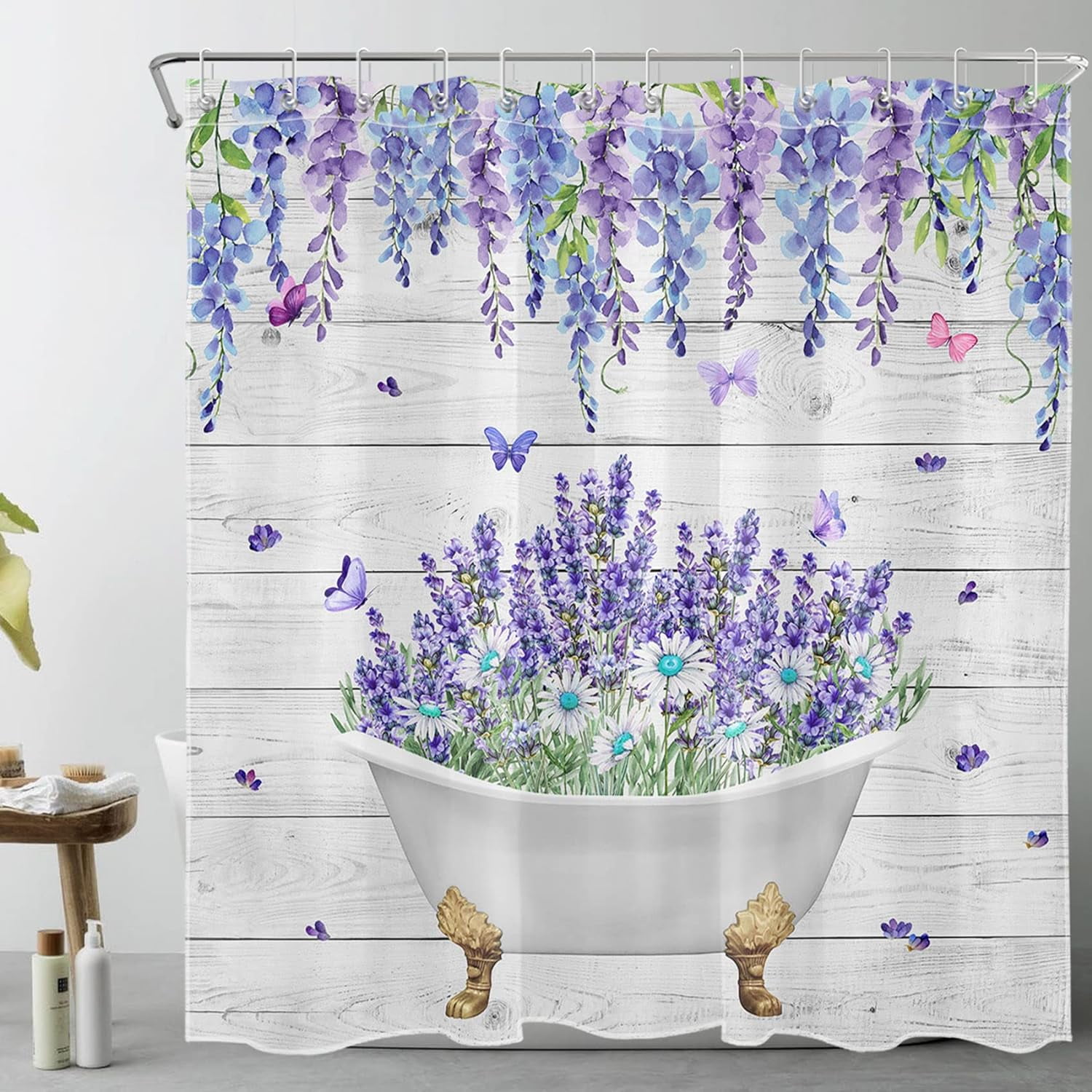 Butterfly and Floral Shower Curtain for Bathroom,White Daisy and Purple ...
