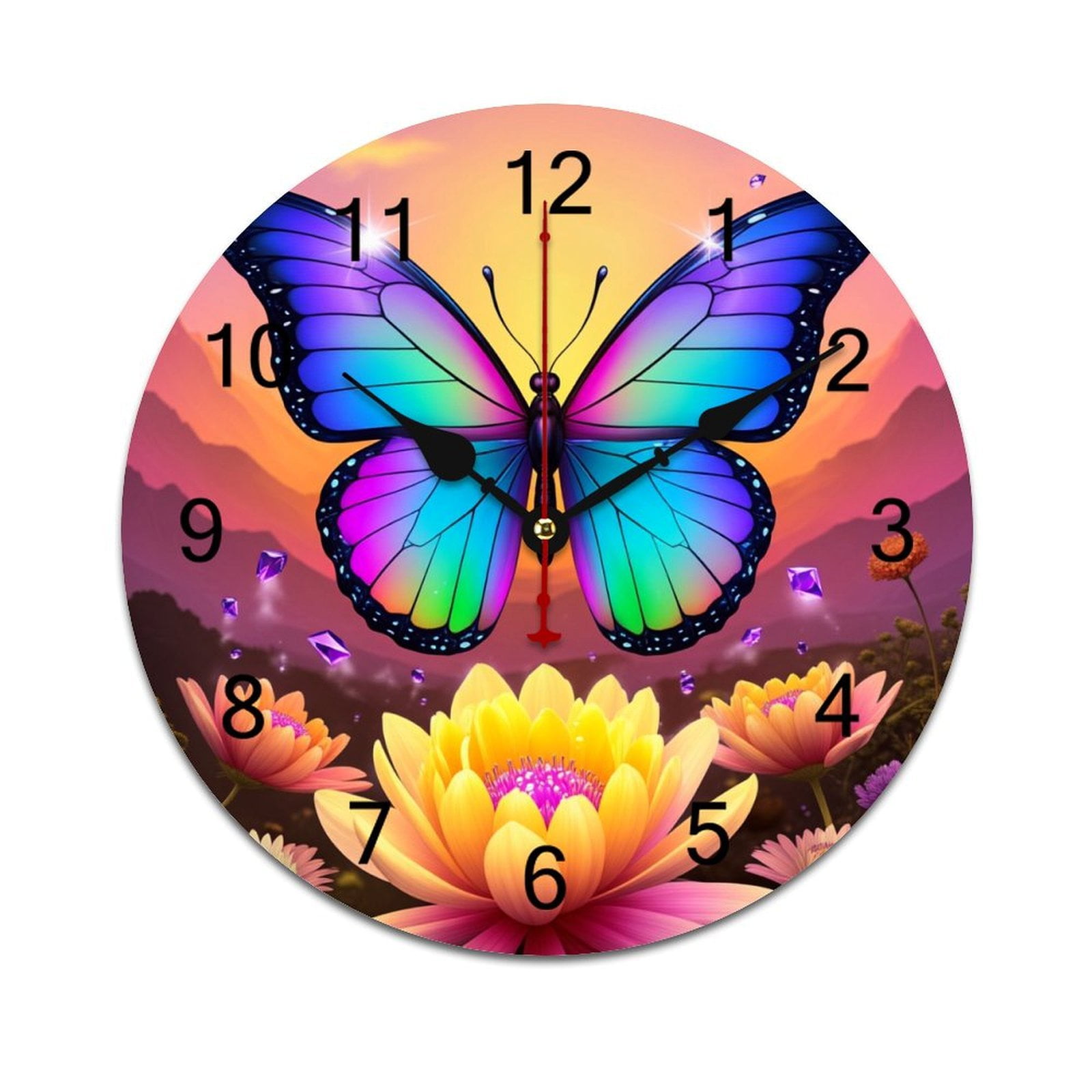 Butterfly Floral Sunset Printed Silent Wall Clock Round Kitchen Clock ...