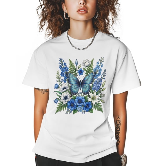 Butterfly Floral T Shirts for Women Short Sleeve Cotton Crewneck T ...