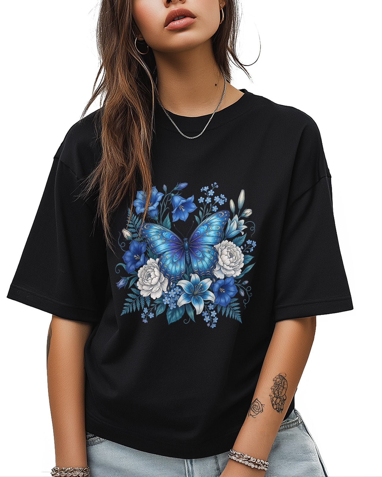 Butterfly Floral T Shirts for Women Short Sleeve Cotton Crewneck T ...