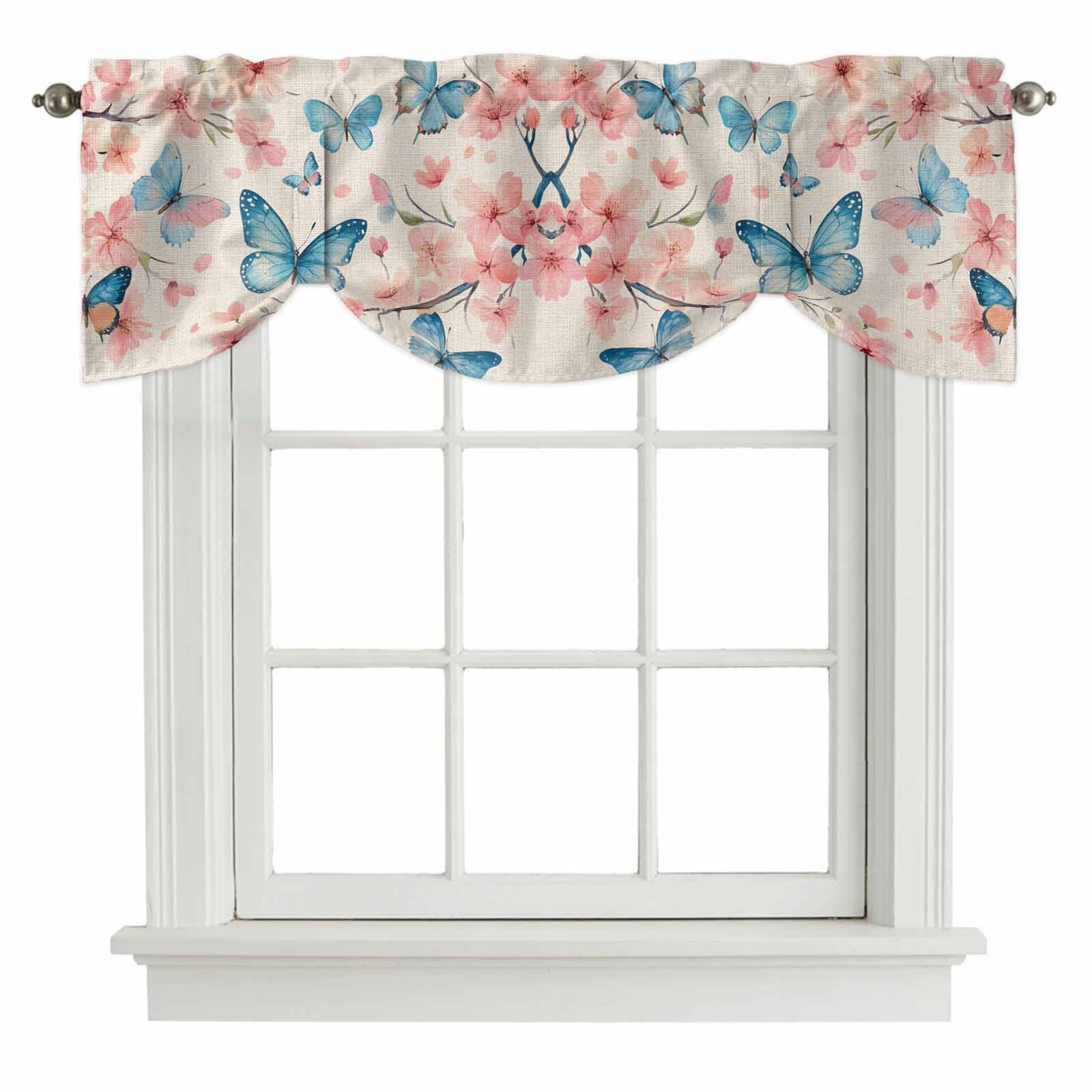 Butterfly Floral Tie Up Valance for Windows, Watercolor Blue Pink ...