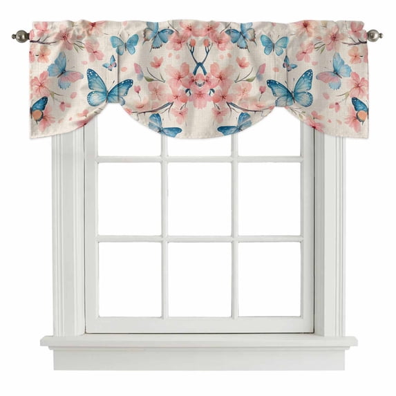 Butterfly Floral Tie Up Valance for Windows, Watercolor Blue Pink ...