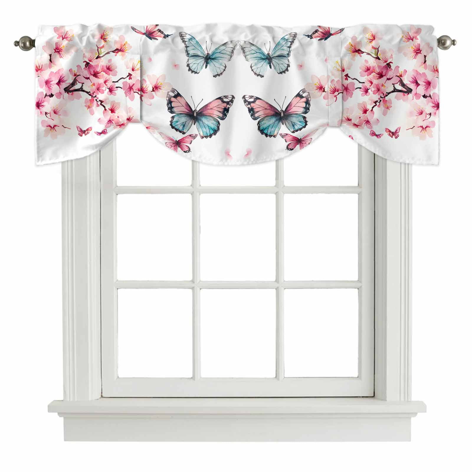 Butterfly Floral Tie Up Valance for Windows, Watercolor Pink Blue ...
