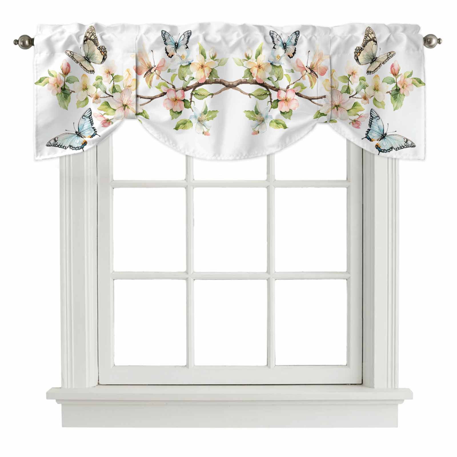 Butterfly Floral Tie Up Valance for Windows, Watercolor Pink Blue ...