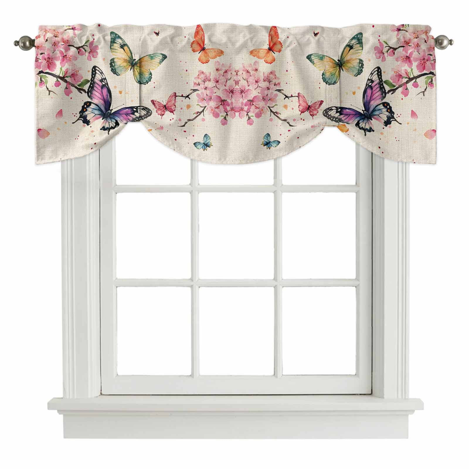 Butterfly Floral Tie Up Valance for Windows, Watercolor Pink Flower ...