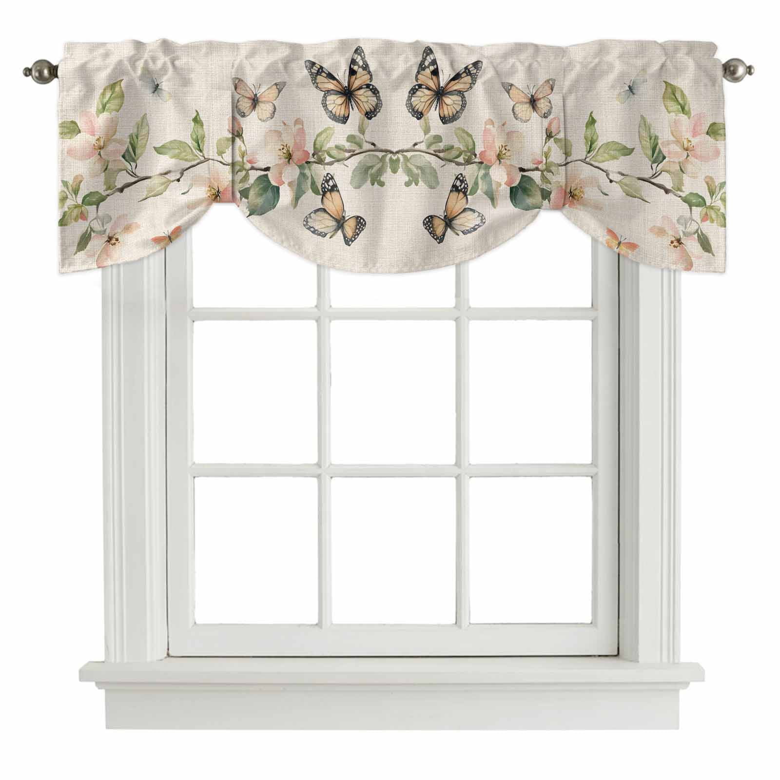 Butterfly Floral Tie Up Valance for Windows, Watercolor Pink Orange ...