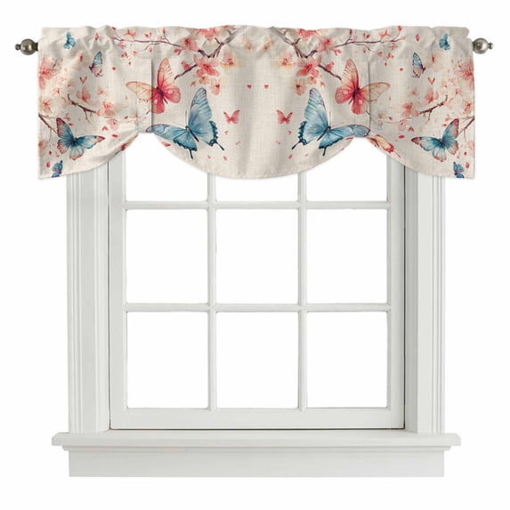Butterfly Floral Tie Up Valance for Windows, Watercolor Pink Red Blue ...
