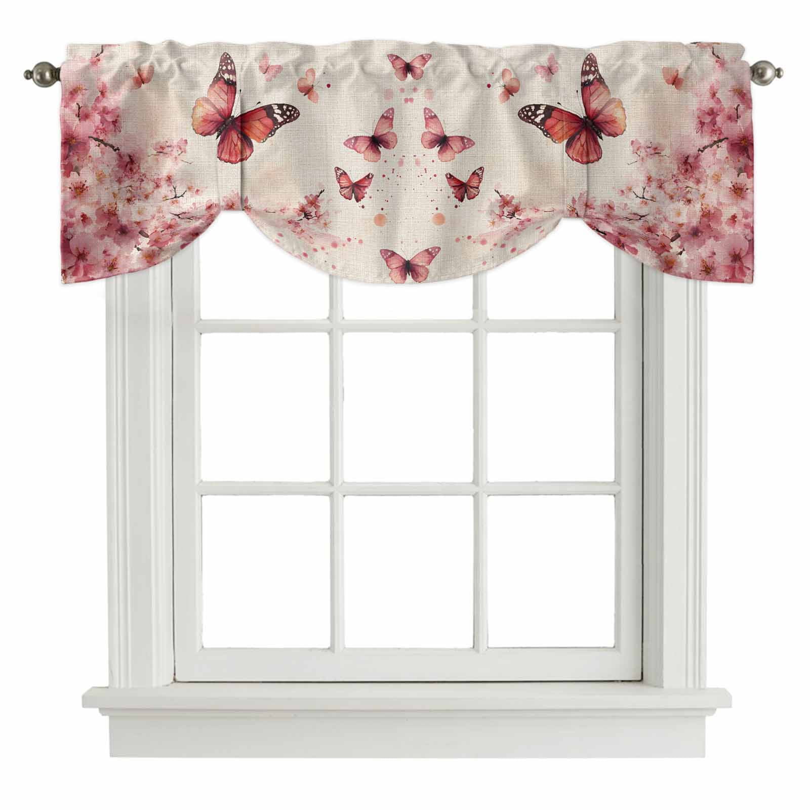 Butterfly Floral Tie Up Valance for Windows, Watercolor Pink Red Flower ...