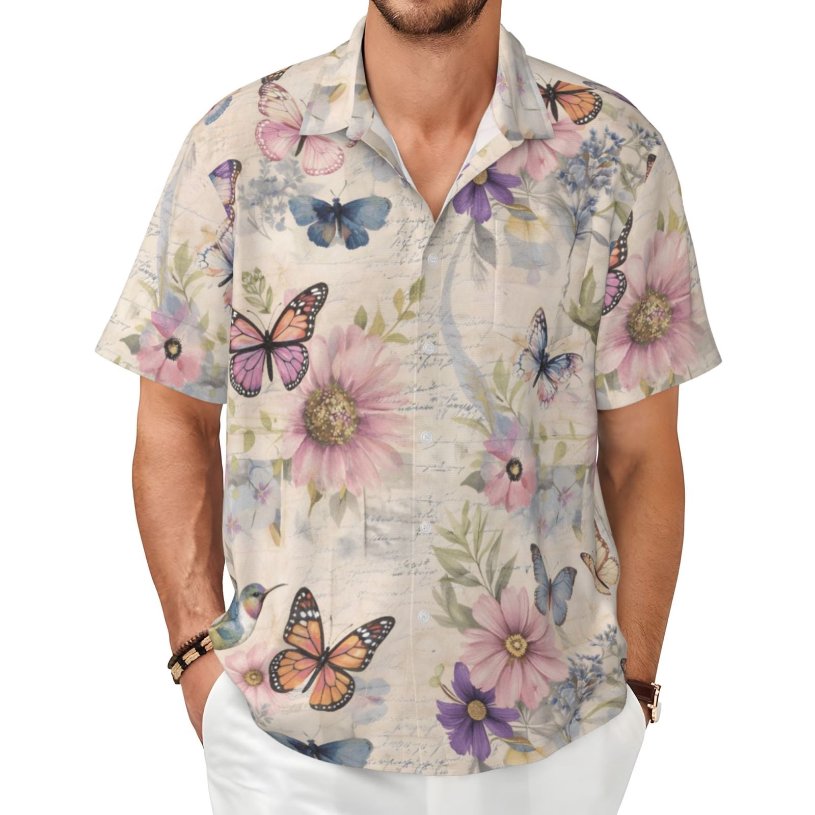 Butterfly Floral Vintage Botanical Men'S Short-Sleeved Shirts with All ...