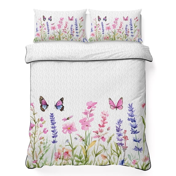 Butterfly Flower 3 Piece Quilt Bedding Set with 2 Pillow Shams, Spring ...