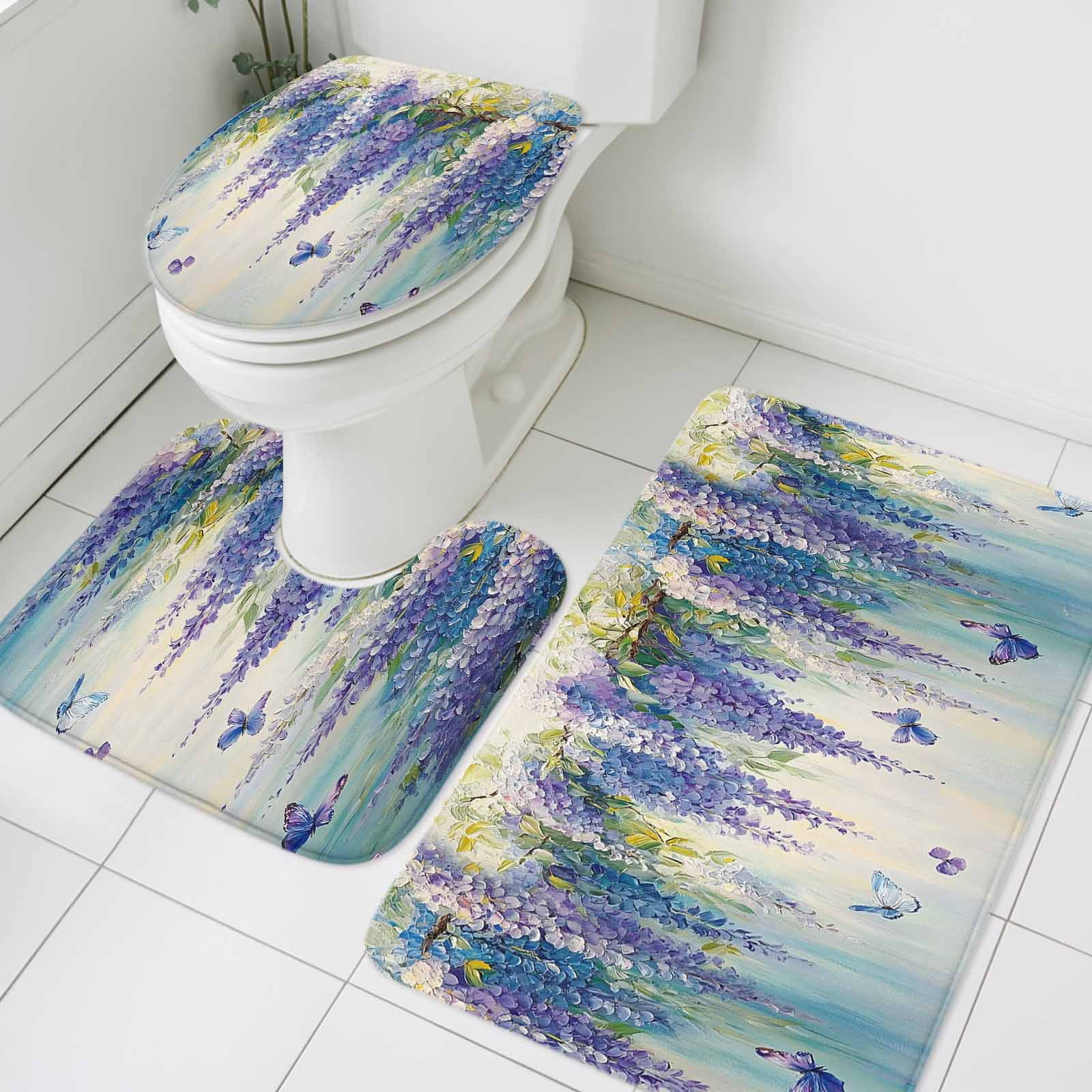 Butterfly Flower Bathroom Rugs Set Purple Floral Spring Vine Oil ...