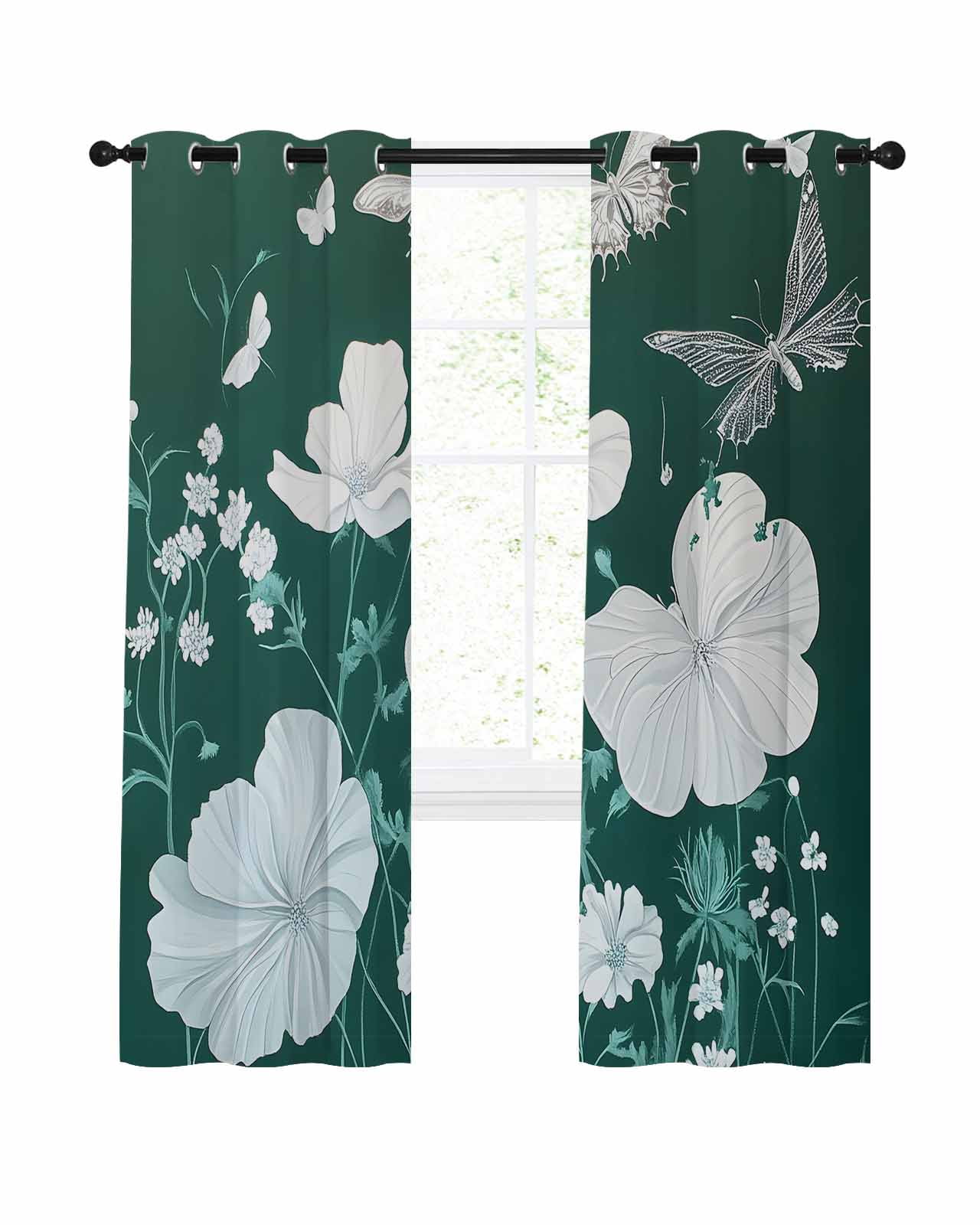 Butterfly Flower Blackout Curtains 63 Inch Length Spring White Floral ...