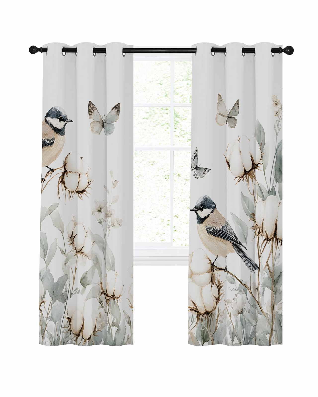 Butterfly Flower Blackout Curtains 63 Inches Long for Bedroom, Cotton ...