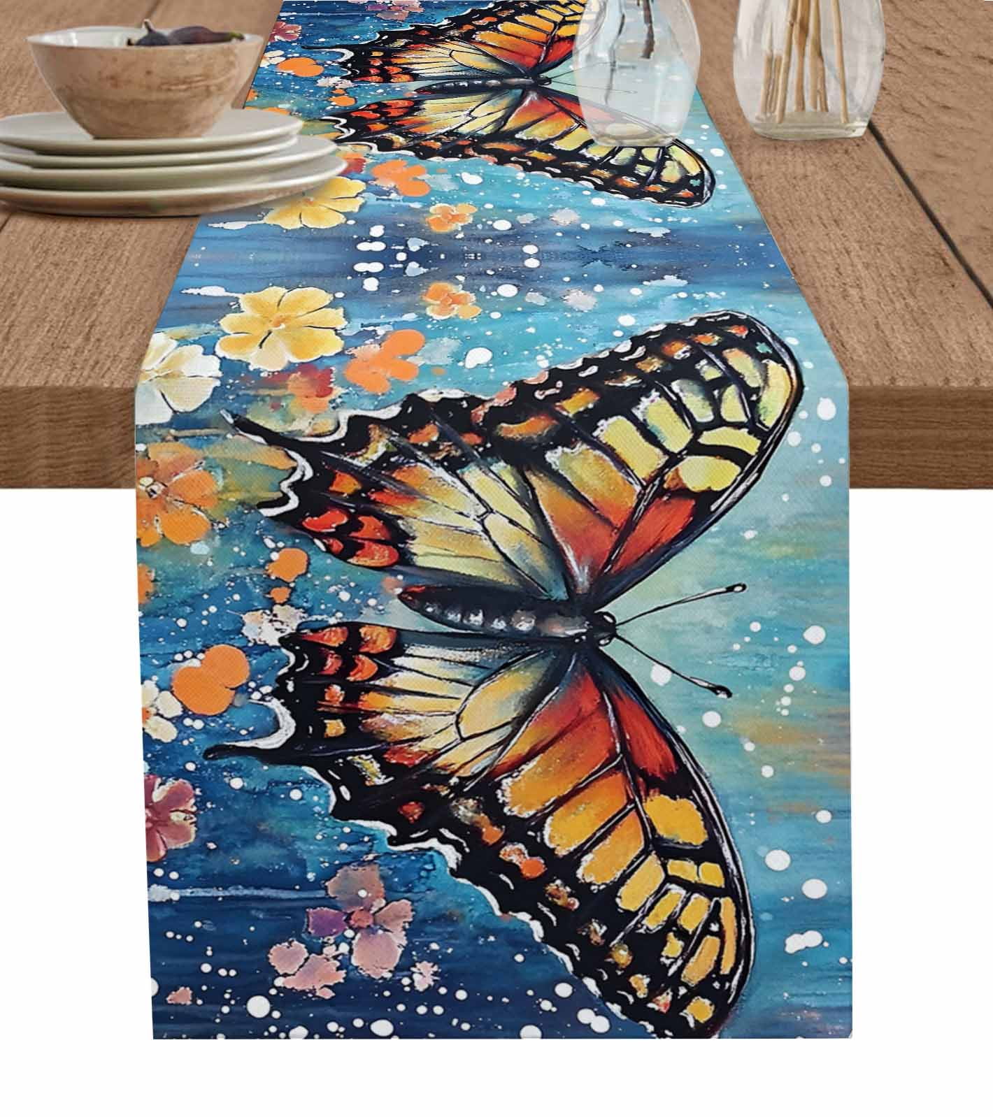 Butterfly Flower Blue Burlap Cotton Table Runner 13x108 Inches Long ...