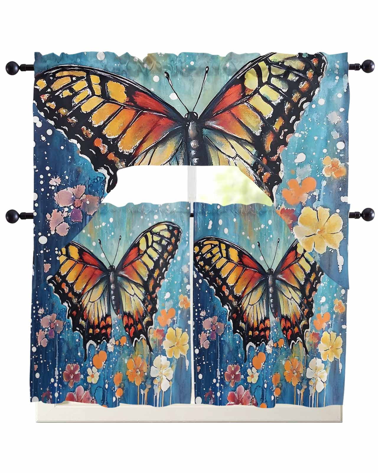 Butterfly Flower Blue Kitchen Curtains Swag Valance and Tier Curtains ...