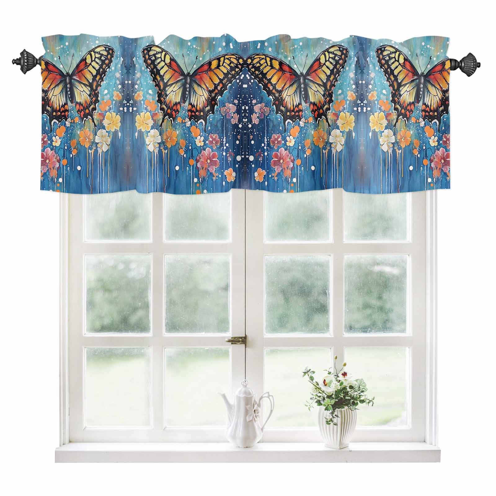 Butterfly Flower Blue Kitchen Valances for Windows 60x18 Inch Kitchen ...